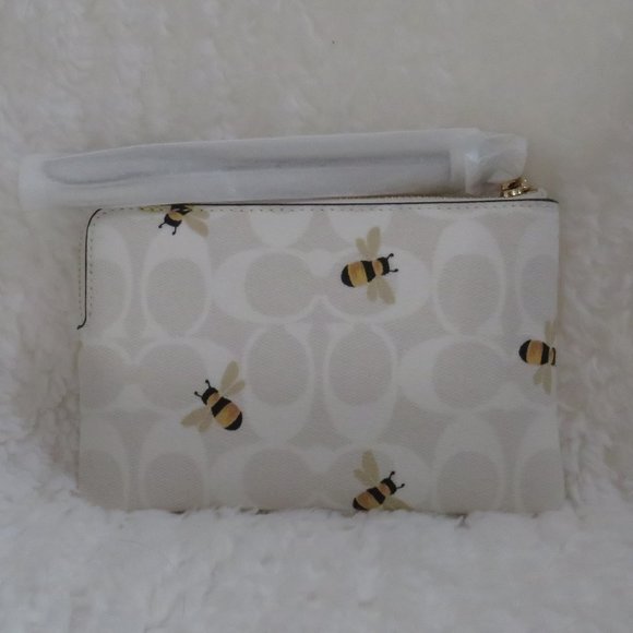 Coach | Bags | Coach Signature Bee Print Corner Zip Wristlet Chalk ...